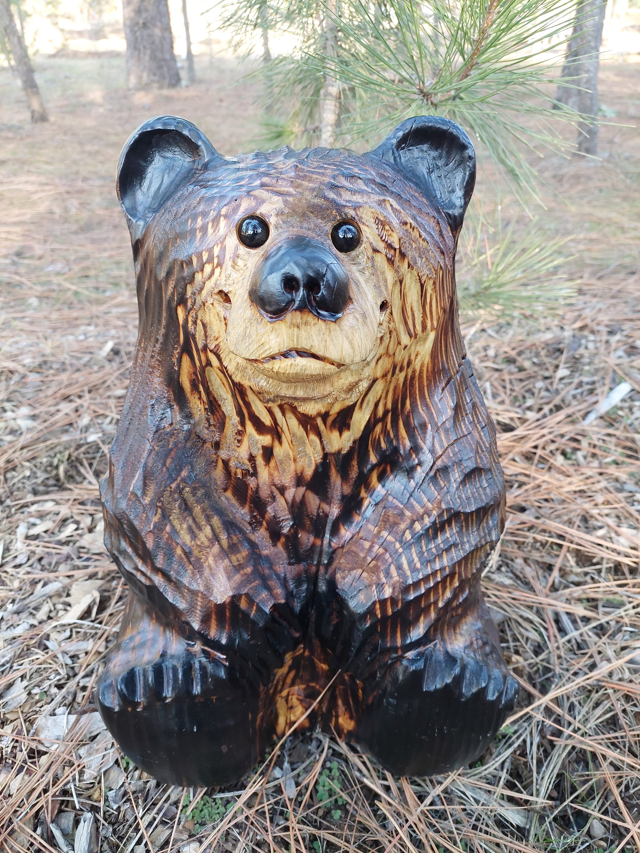 Handcrafted Wood Carved Sitting Bear - 15 Inches Tall, Looking Straigh ...